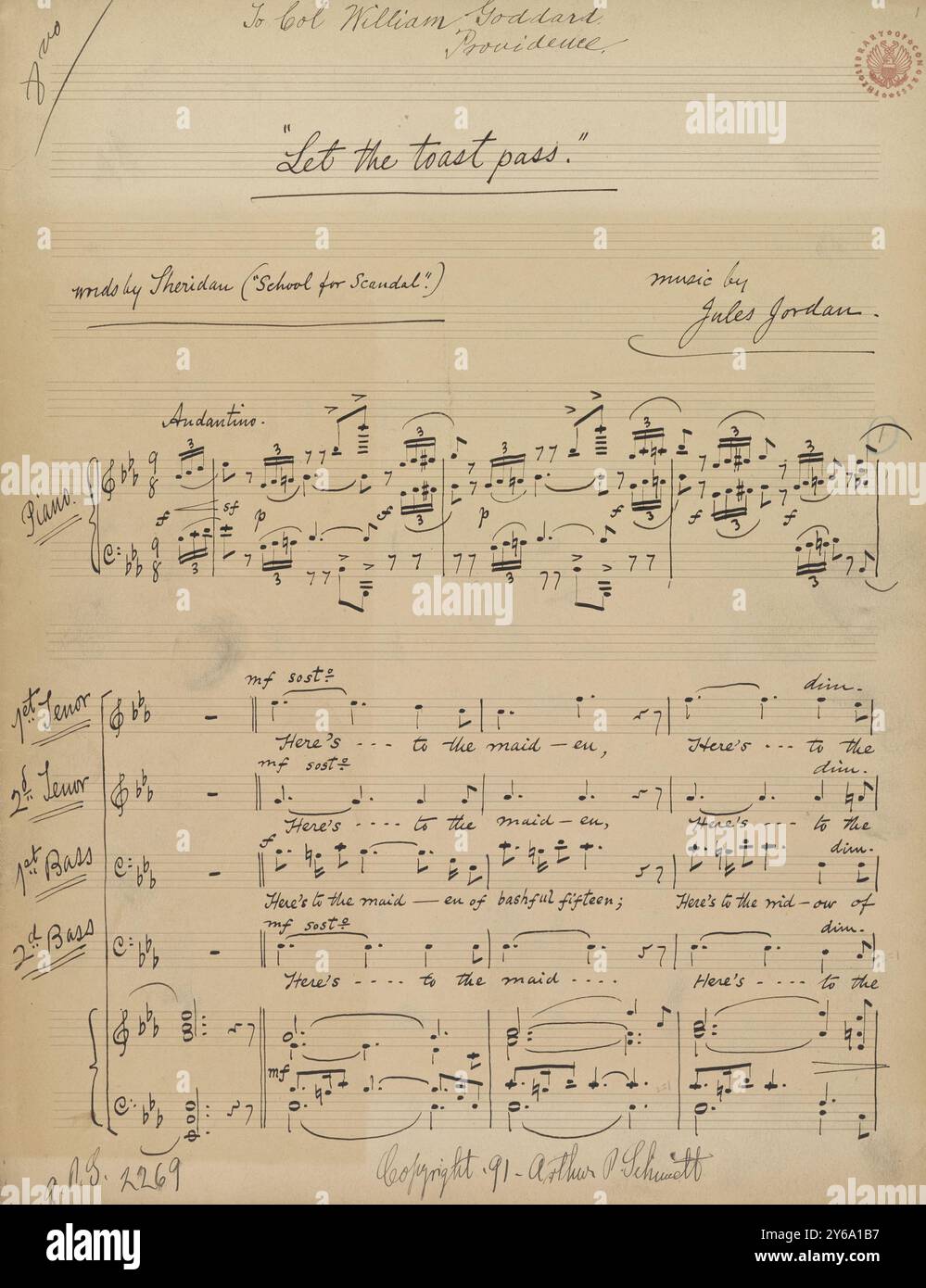 Music 1800-1900; Music Manuscripts; Jordan, Jules. Let the toast pass ...
