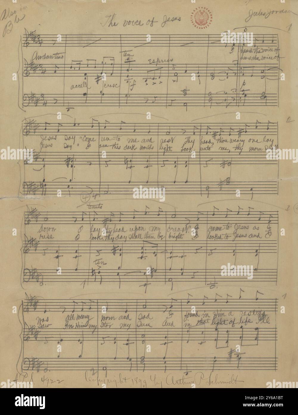 Music 1800-1900; Music Manuscripts; Jordan, Jules. The voice of Jesus ...