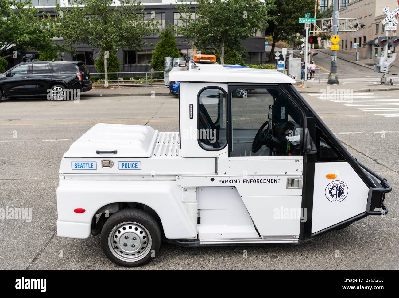 Seattle, USA - July 26, 2024: Seattle police three wheeler car parking ...