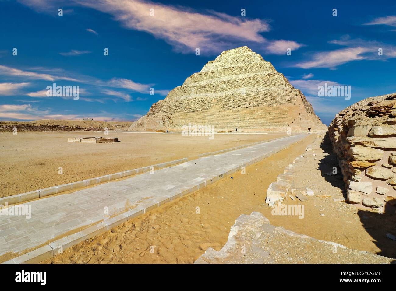 Spectacular wide angle view of the Step Pyramid of Djoser and courtyard ...
