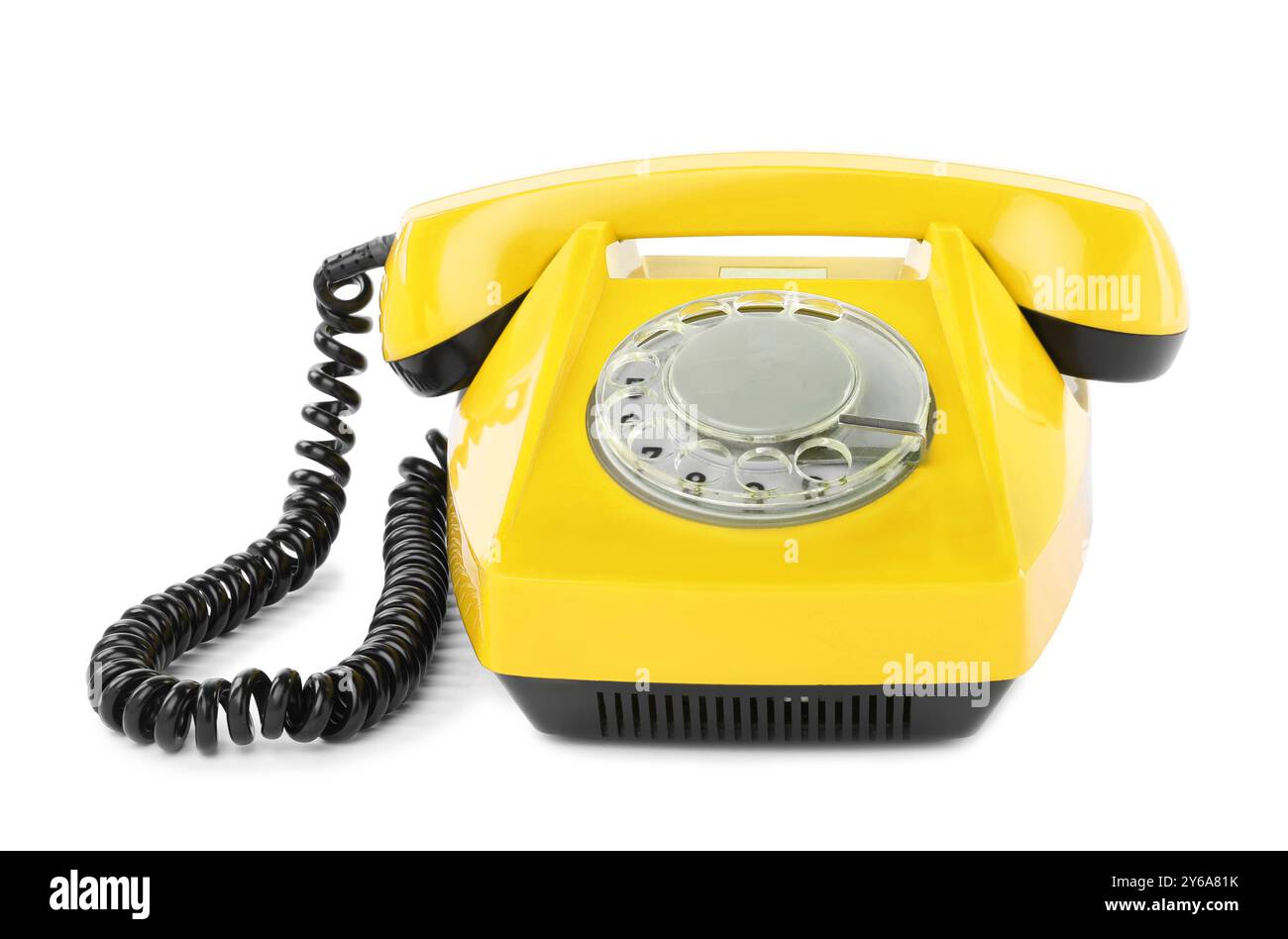 Old yellow telephone with rotary dial isolated on white Stock Photo - Alamy
