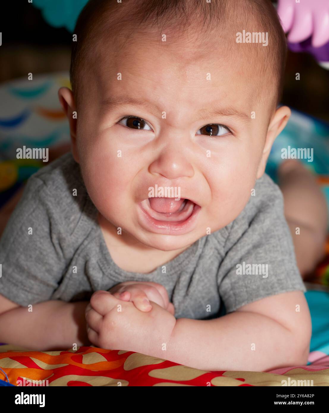Close up of a cute six month old baby boy laying on his stomach getting ready to cry Stock Photo ...