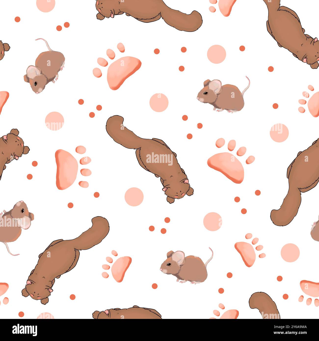 Seamless pattern with cats and mice and paw pads color illustration ...