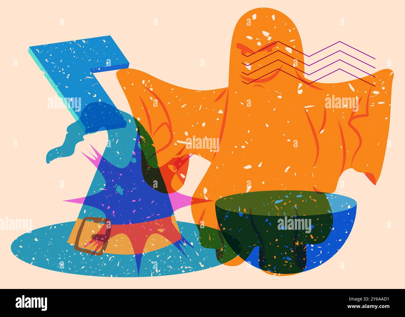 Risograph Halloween Witch's Hat and Ghost with geometric shapes ...