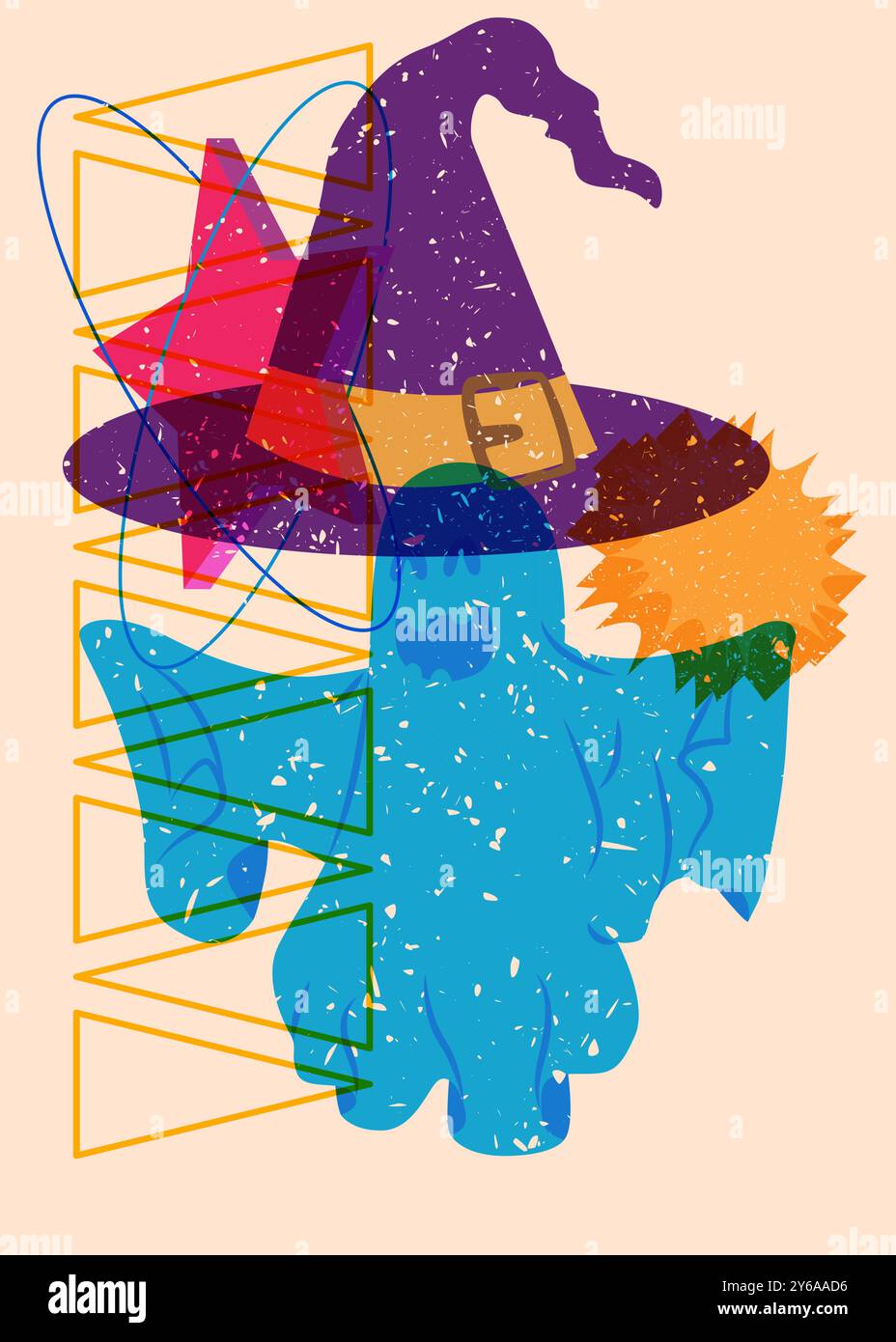 Risograph Halloween Witch's Hat and Ghost with geometric shapes ...