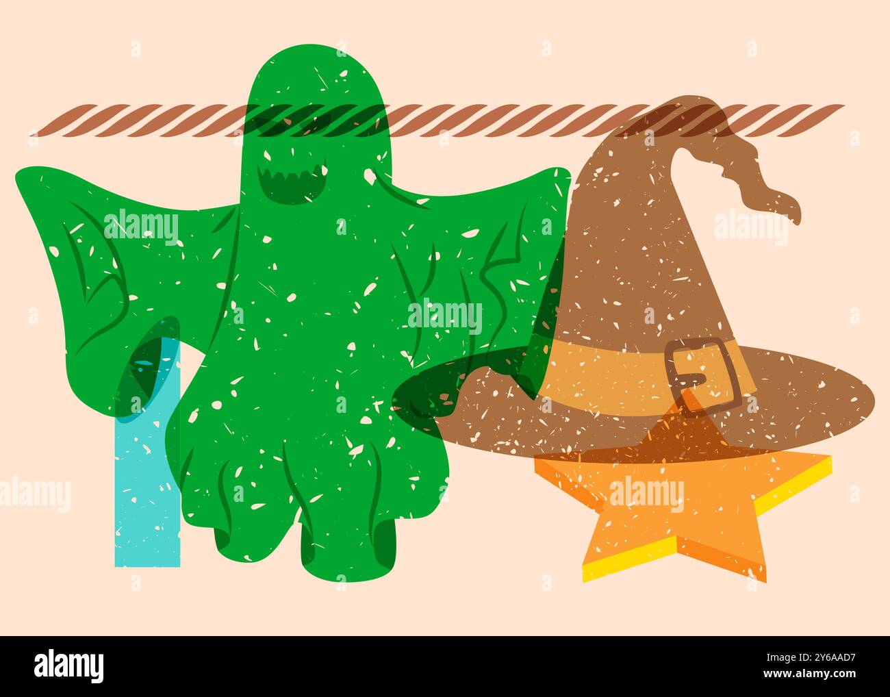 Risograph Halloween Witch's Hat and Ghost with geometric shapes ...