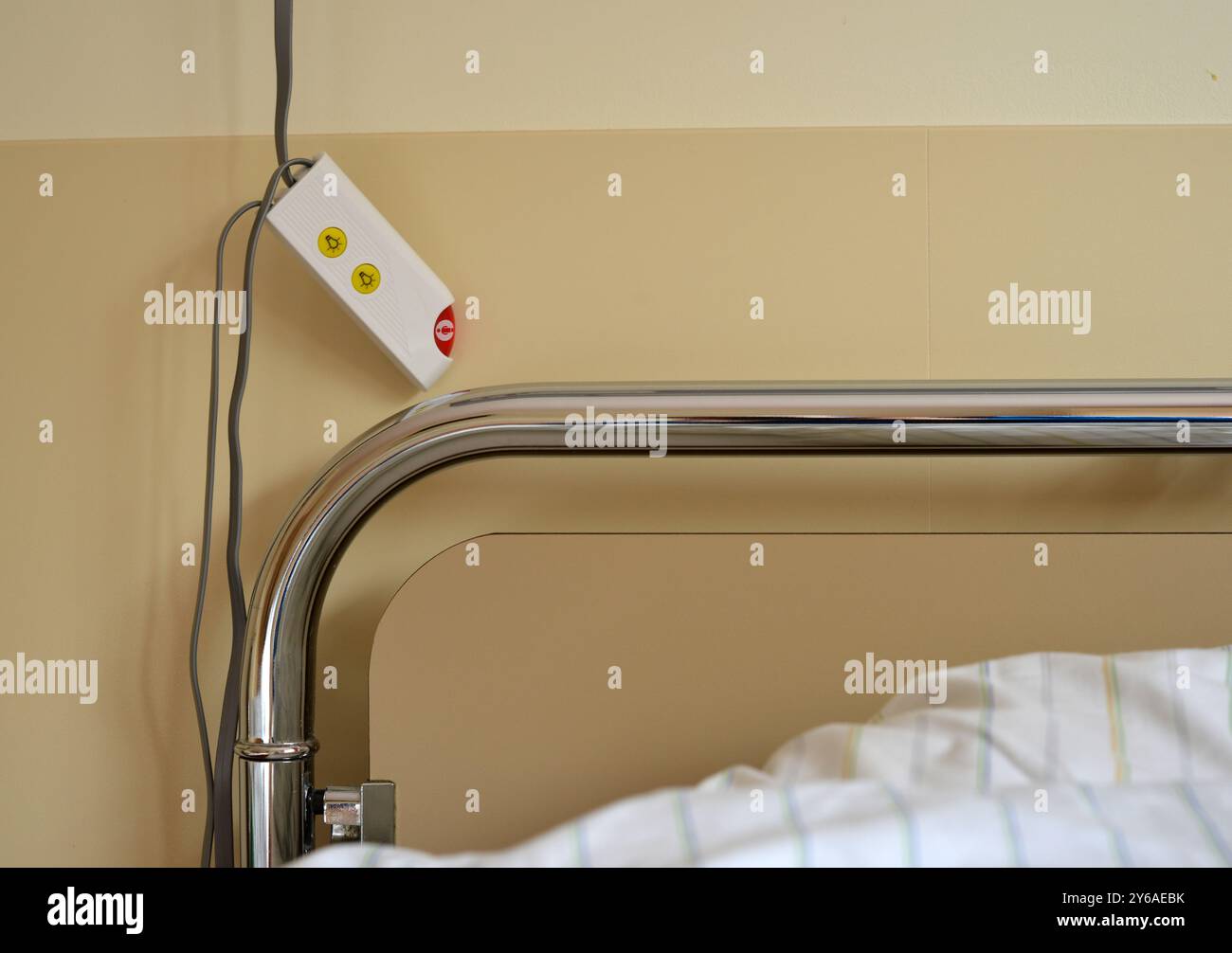 Detail of a hospital bed with emergency call button next to it Stock ...