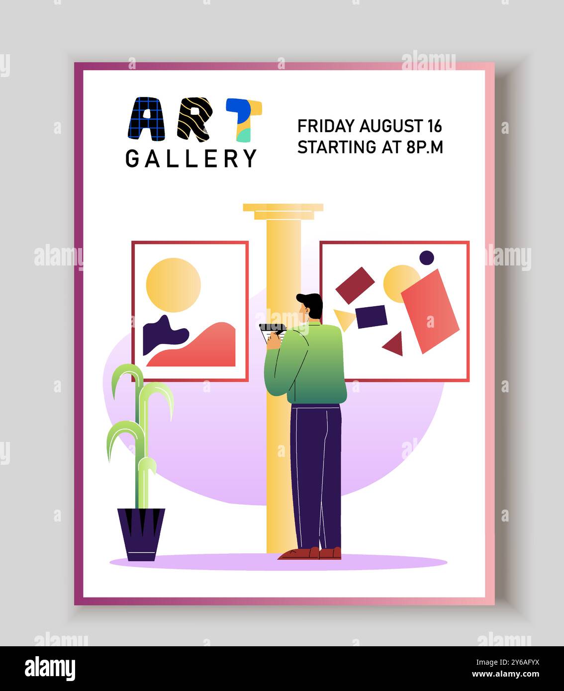 Art gallery poster. Man looks at paintings. Visitor at exhibition. Art and creativity. Cultural ...