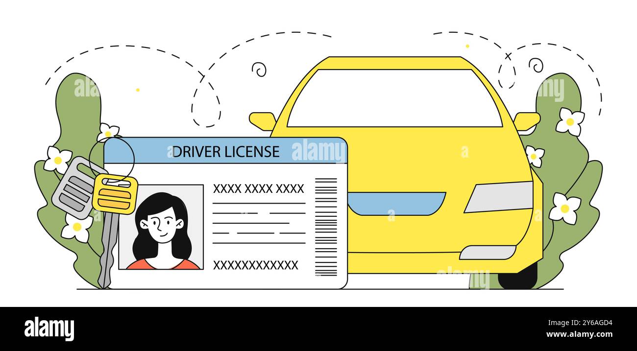Drivers license concept. Female drivers license near yellow car ...