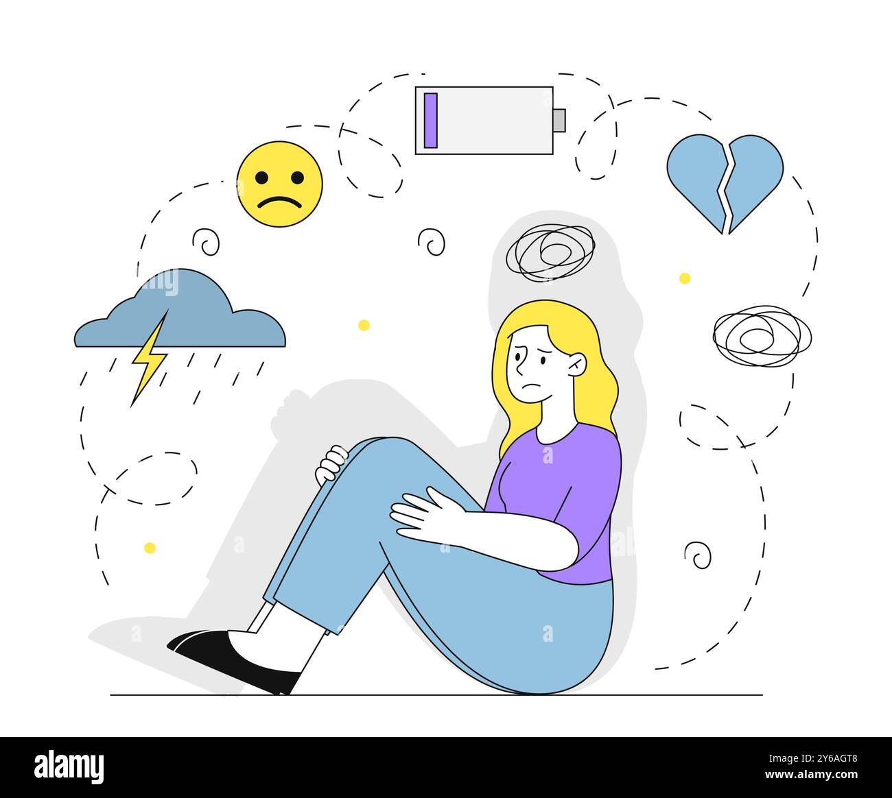 Woman with depression. Young girl sits under cloud with rain. Negative ...