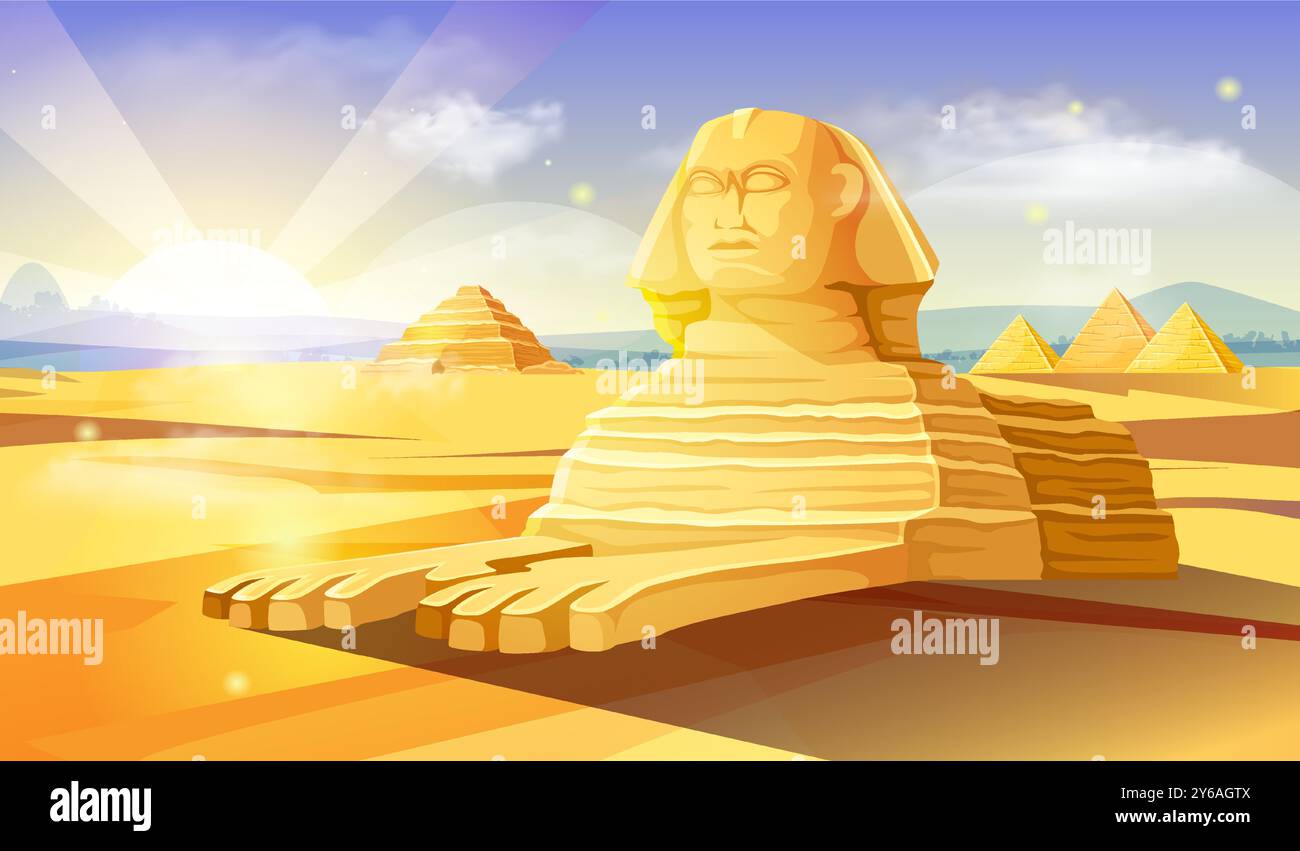 Egypt sphinx background. Desert with sphinx and pyramids. History and archaeology. Culture of ...
