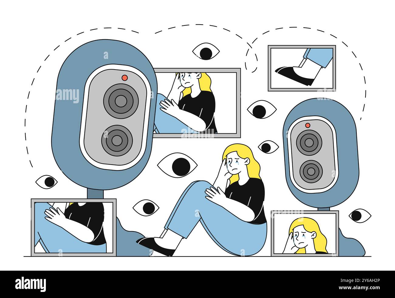 Woman with fear of observation. Young girl sits in horror under camera ...