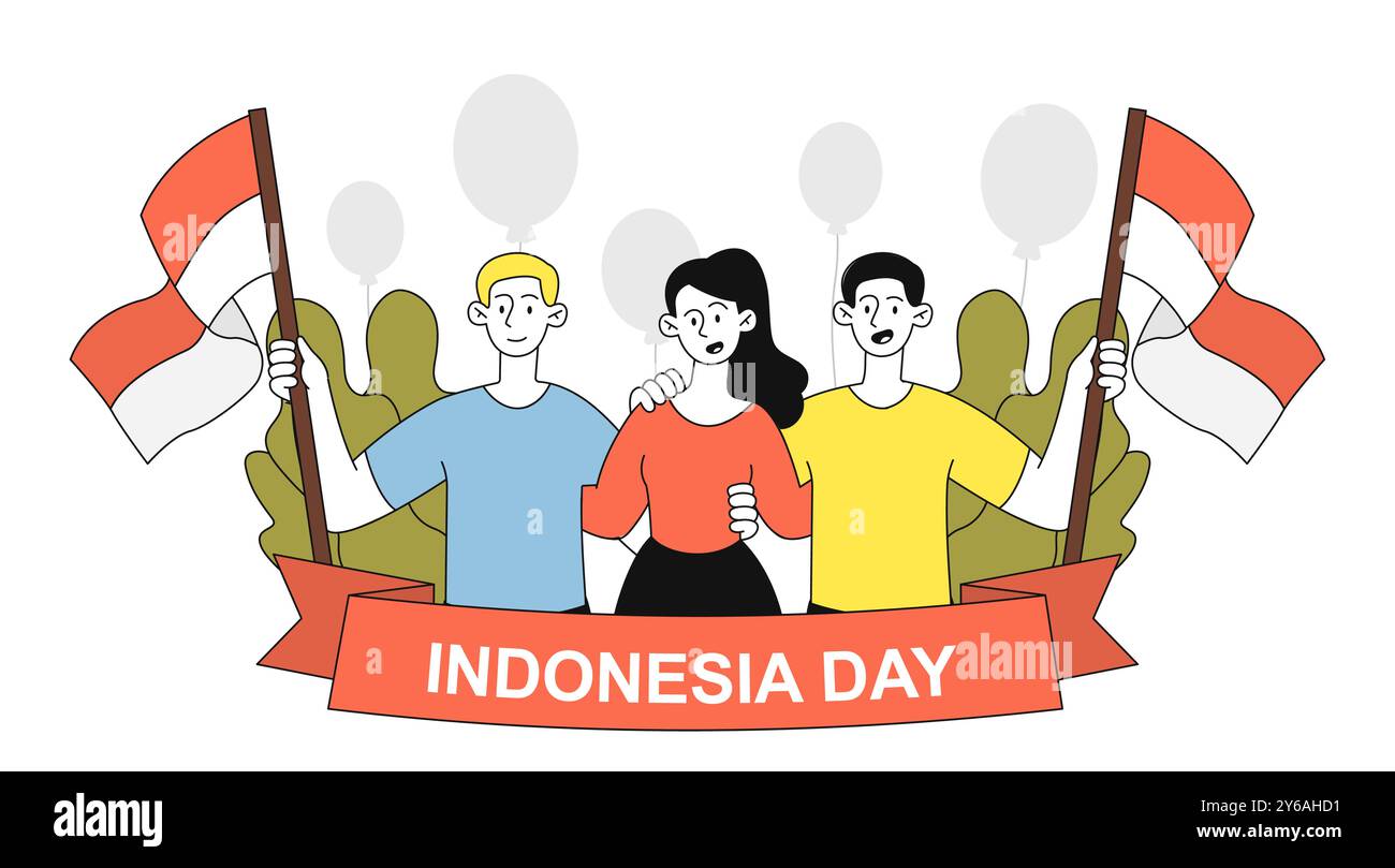 Indonesia Day poster. Men and woman with national flags. Patriotism and ...
