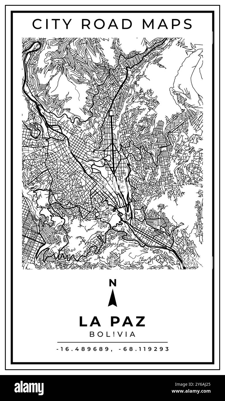 Monochrome Line Art Street Map of La Paz City of Bolivia, Illustration and home decoration Stock ...