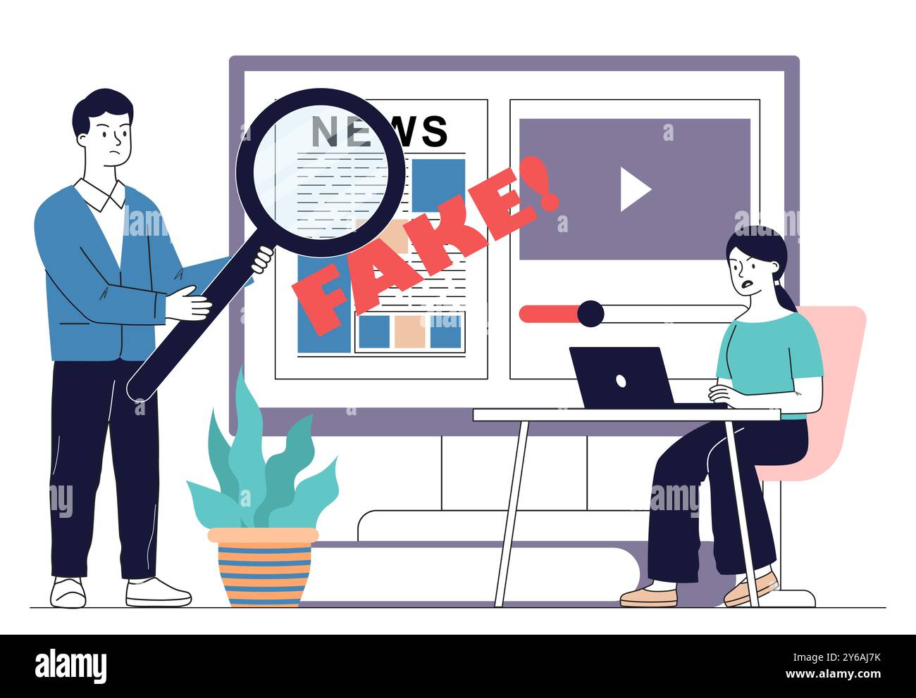 People with fake news. Man with magnifying glass and woman with laptop ...