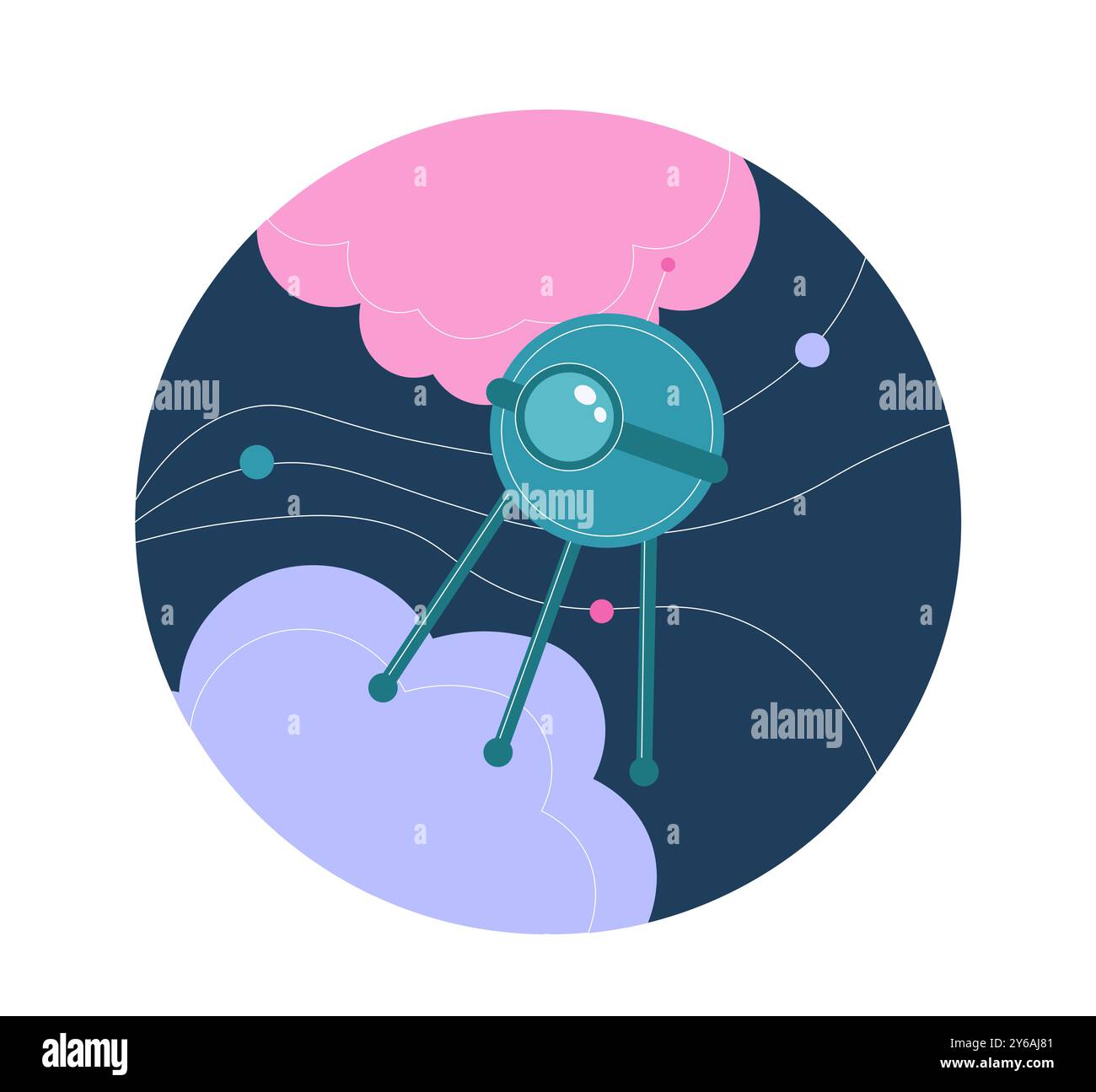 Science fiction sticker. Flying satelite. Space and cosmos, galaxy and ...