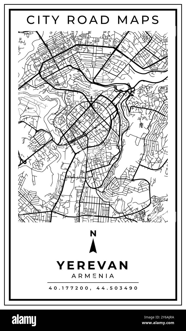 Monochrome Line Art Street Map of Yerevan City of Armenia, Illustration ...