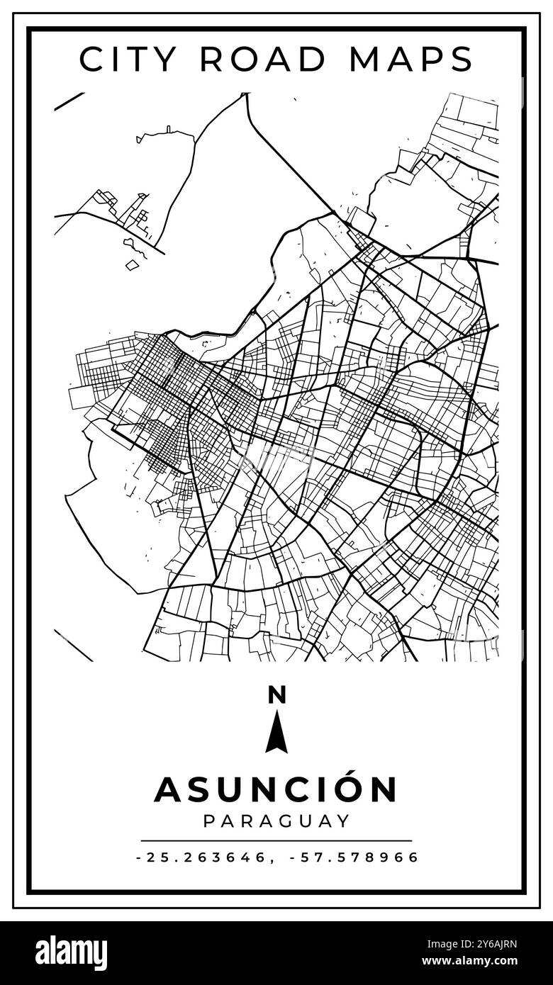 Monochrome Line Art Street Map of Asuncion City of Paraguay ...