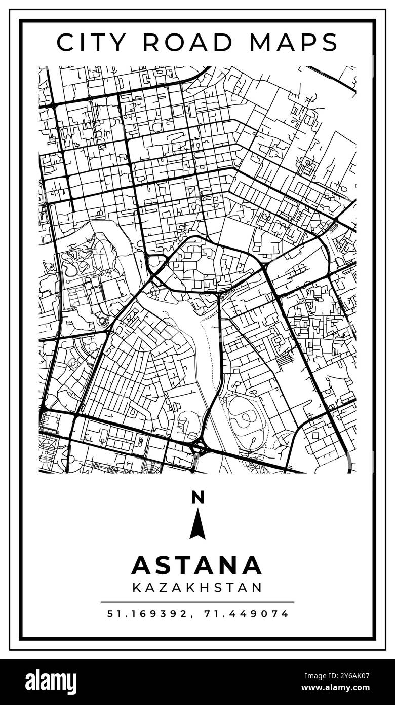 Monochrome Line Art Street Map of Astana City of Kazakhstan ...