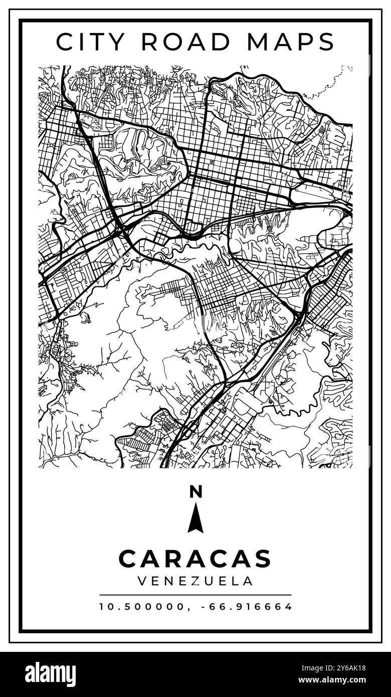 Monochrome Line Art Street Map of Caracas City of Venezuela ...