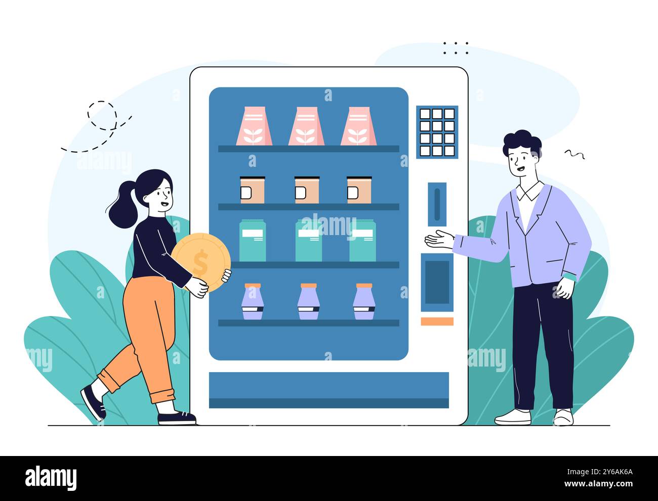 Man and woman with vending machine. People buy snacks and sodas. Automatic dispenser with ...