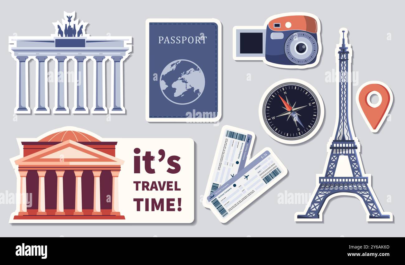 Travel stickers collection. Pack of icons for tourists. Foreign ...