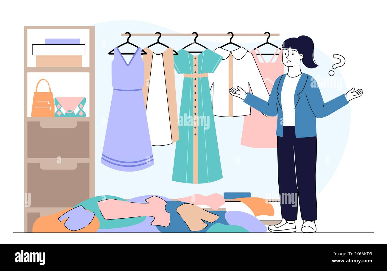 Woman chooses clothes. Young girl near hangers with clothes. Person in ...