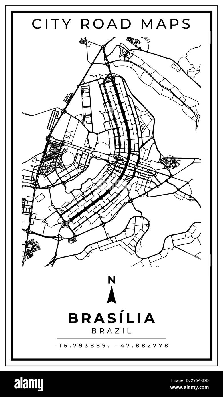 Monochrome Line Art Street Map of Brasilia City of Brazil, Illustration ...
