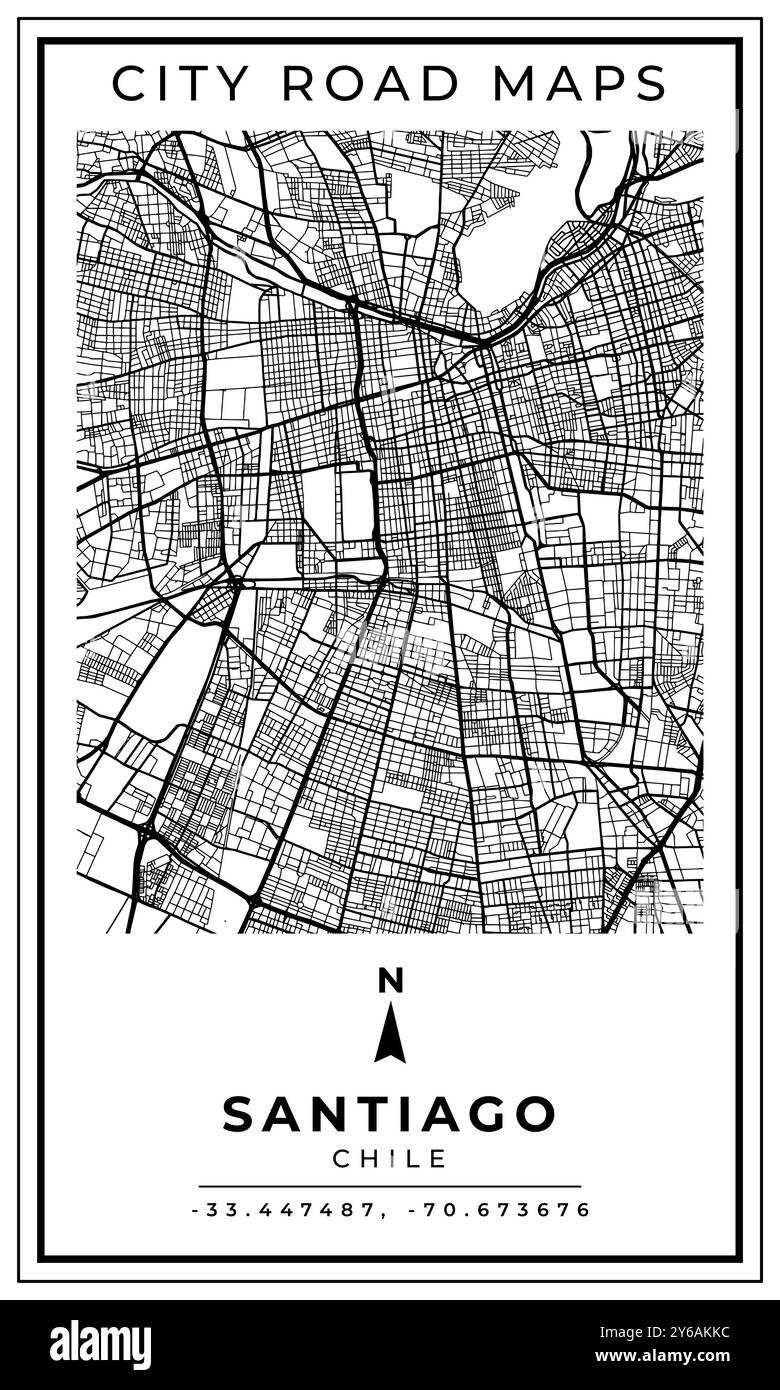 Monochrome Line Art Street Map of Santiago City of Chile, Illustration ...