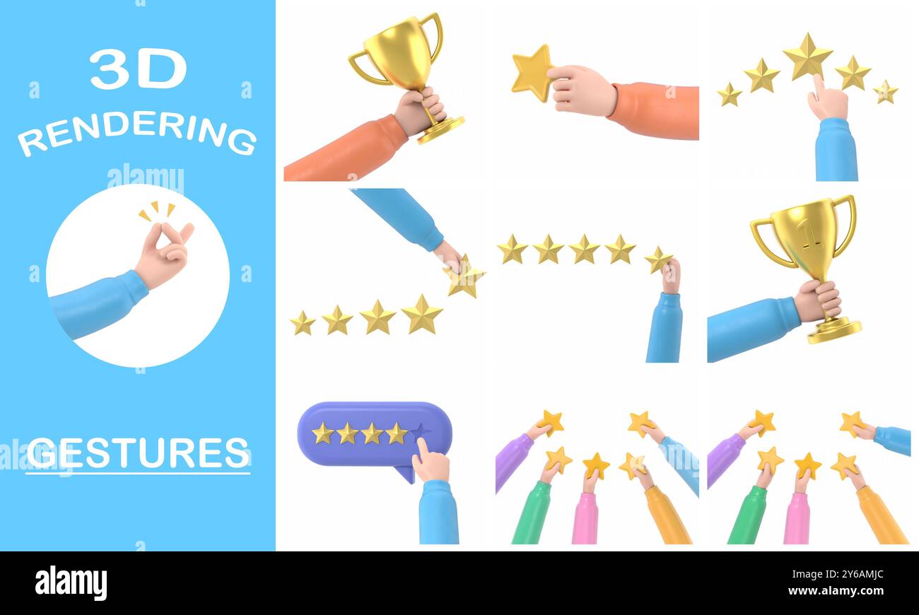 3d rendering gestures Collection,Cartoon Gesture Icon Mockup.Star ...