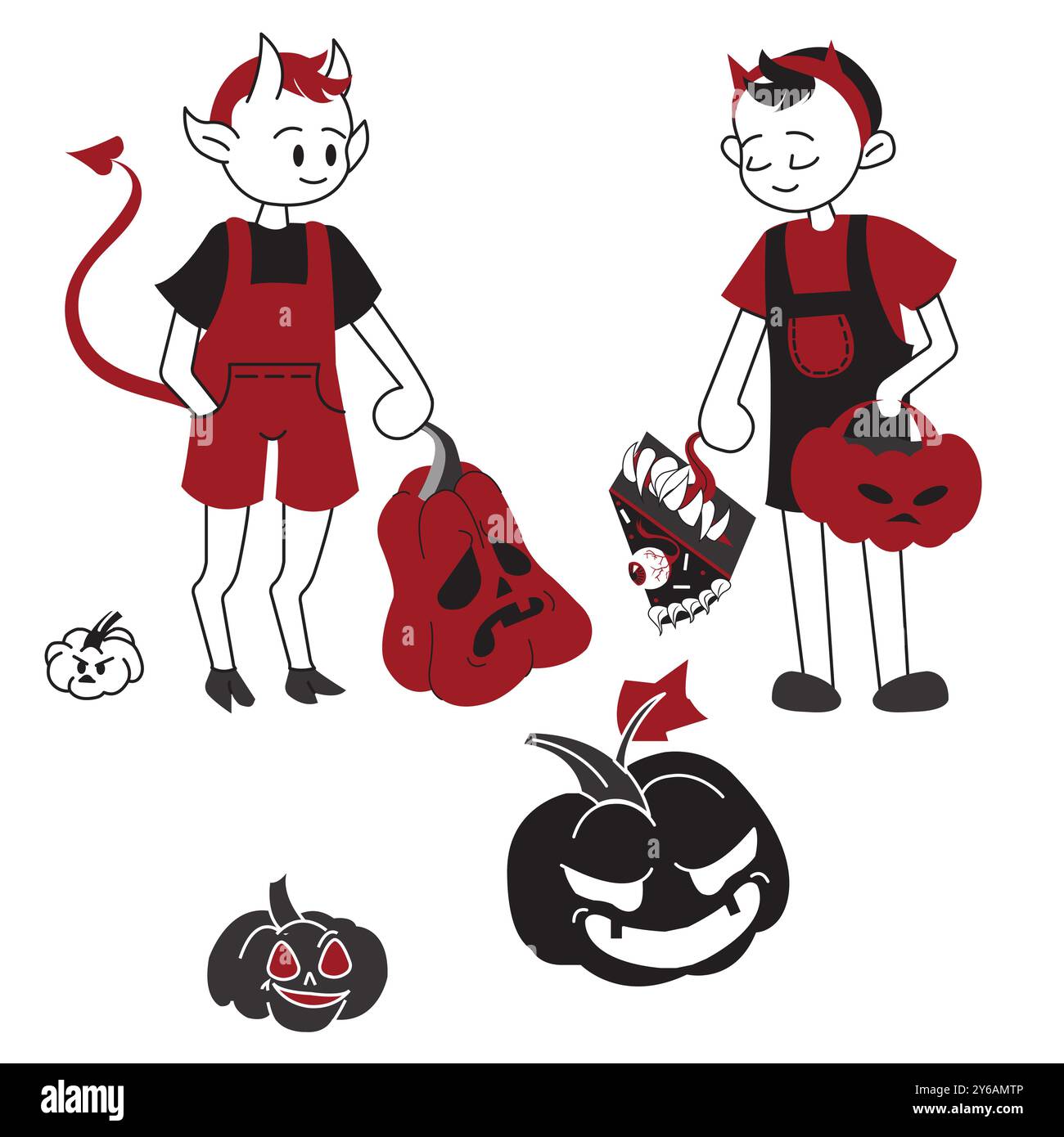 Children in devil costumes with pumpkins and toothy cake. Concept of ...