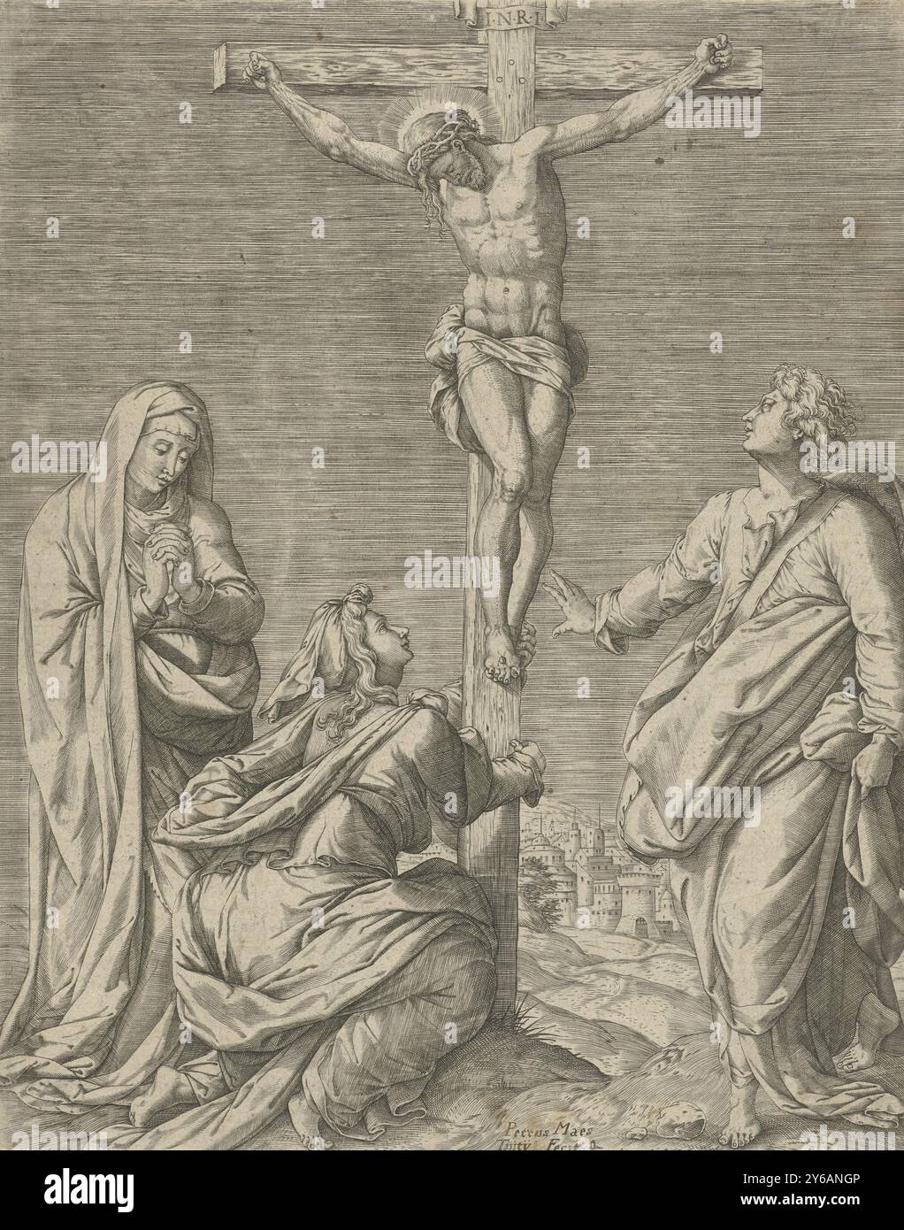 Crucifixion of Christ, Christ on the cross. On the left, Mary Magdalene kneels with both hands ...