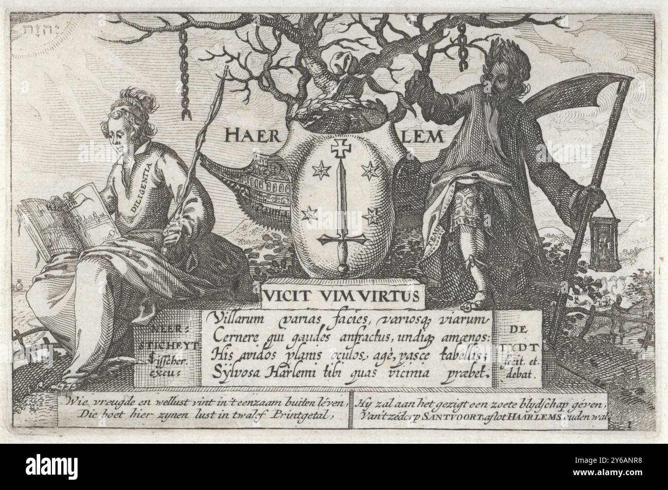 Diligentia and Tempus near the coat of arms of Haarlem, HAERLEM VICIT ...