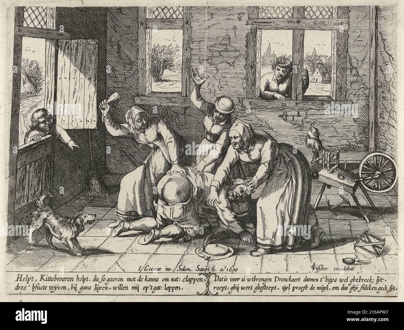 Man is spanked by three women. Two women slap a man lying on his knees ...