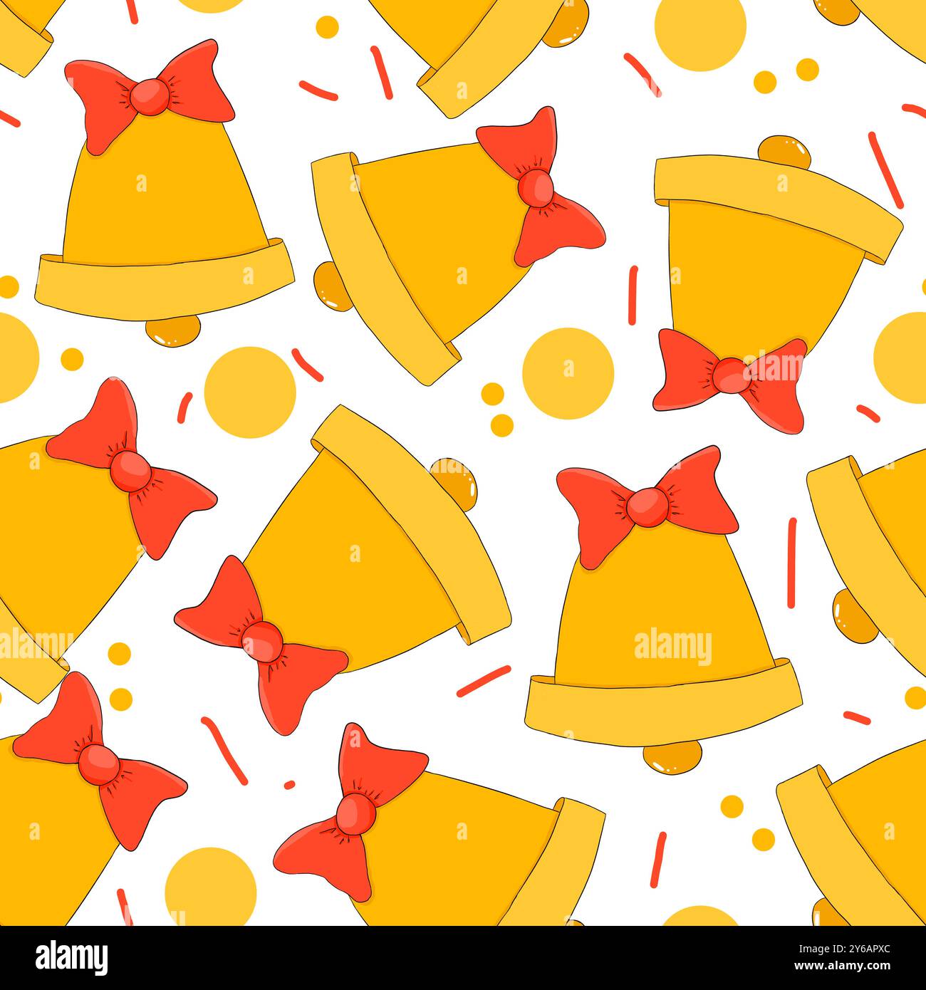 Golden bells with red bows isolated seamless pattern color illustration ...