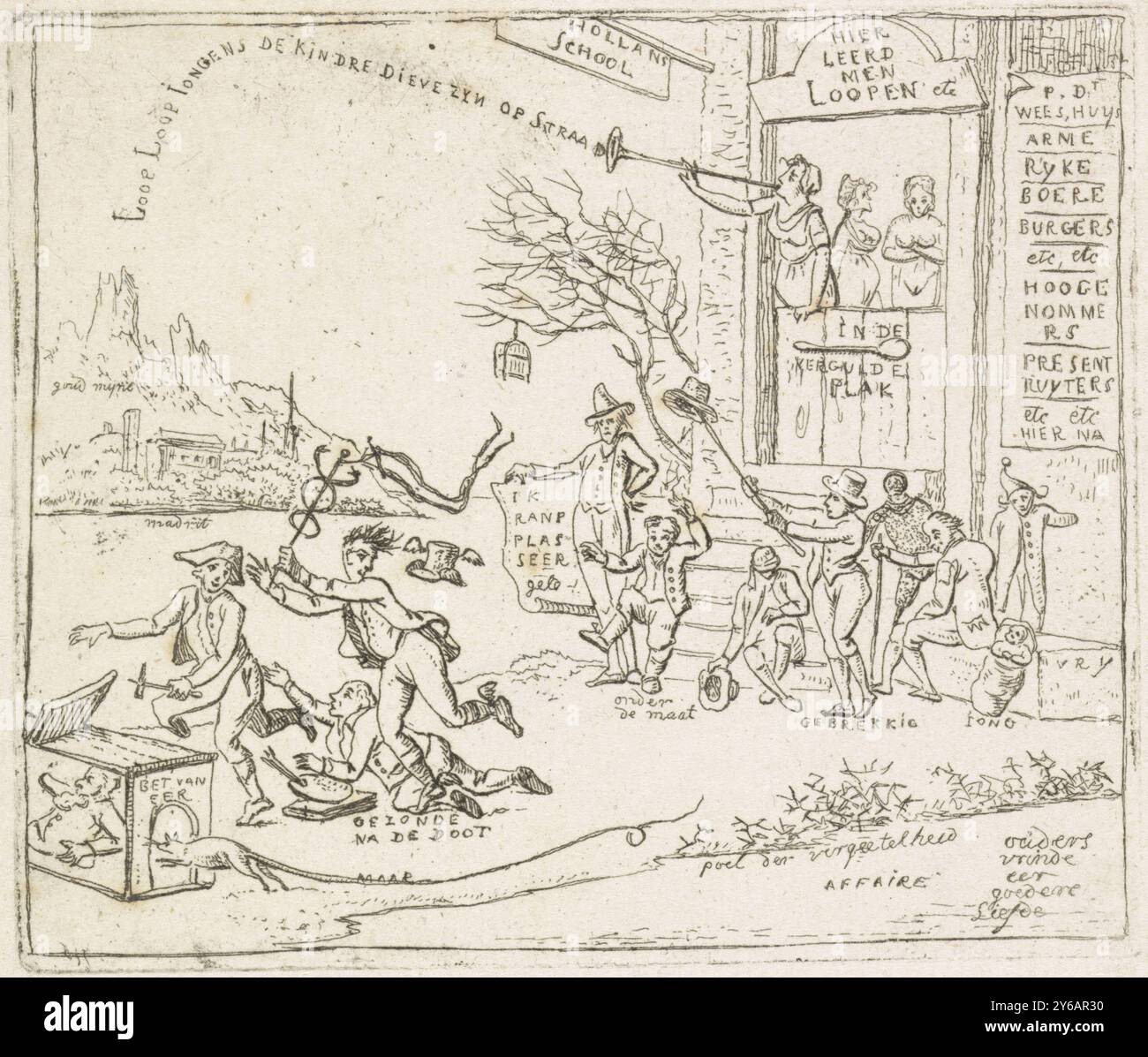 House with signboard 'Dutch school', Six cartoons on Napoleon's flight ...
