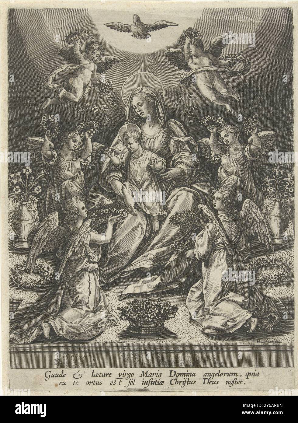 Madonna with child surrounded by angels, Four kneeling and two floating ...