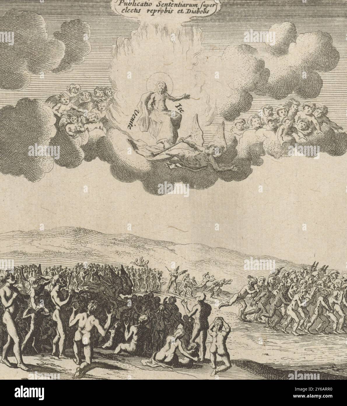 Last Judgment, Christ is enthroned as judge on a cloud in heaven and is ...