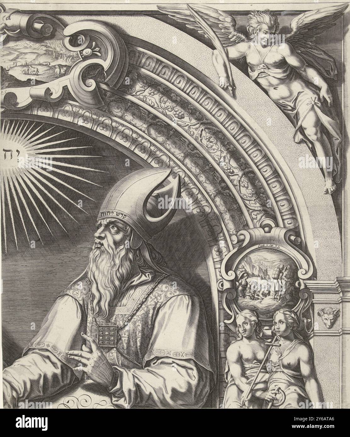 Moses and Aaron with the Tablets of the Law (top right page), Aaron in ...