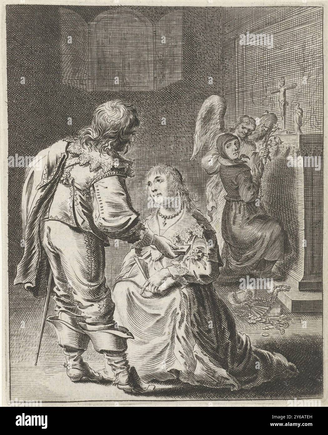 Purity and vanity, A young woman kneels in front of a richly dressed ...