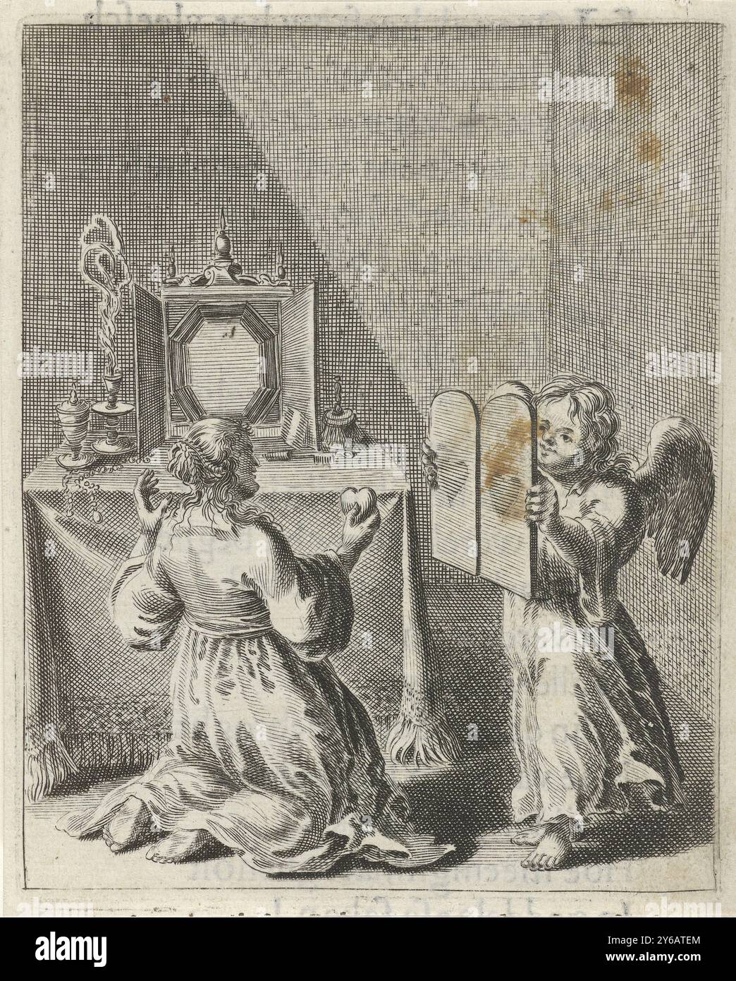 Confession of guilt for vanity and pride, A woman kneels and holds a ...