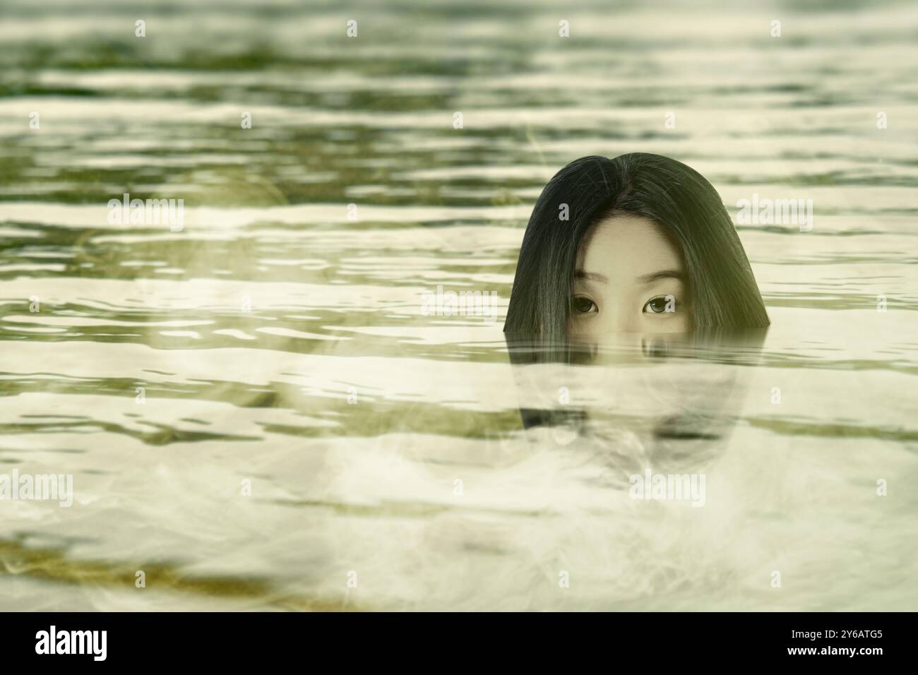 A woman ghost or witch is shown on the swamp water surface. Witch, evil ...