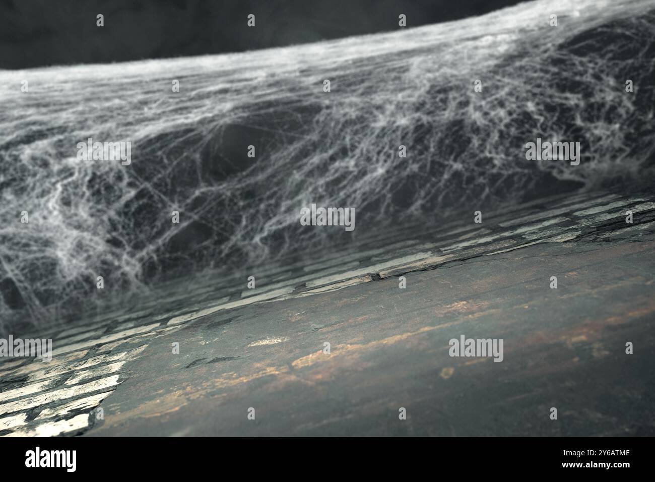 Spooky creepy cobweb spider web with grunge wall in the dark room. The ...