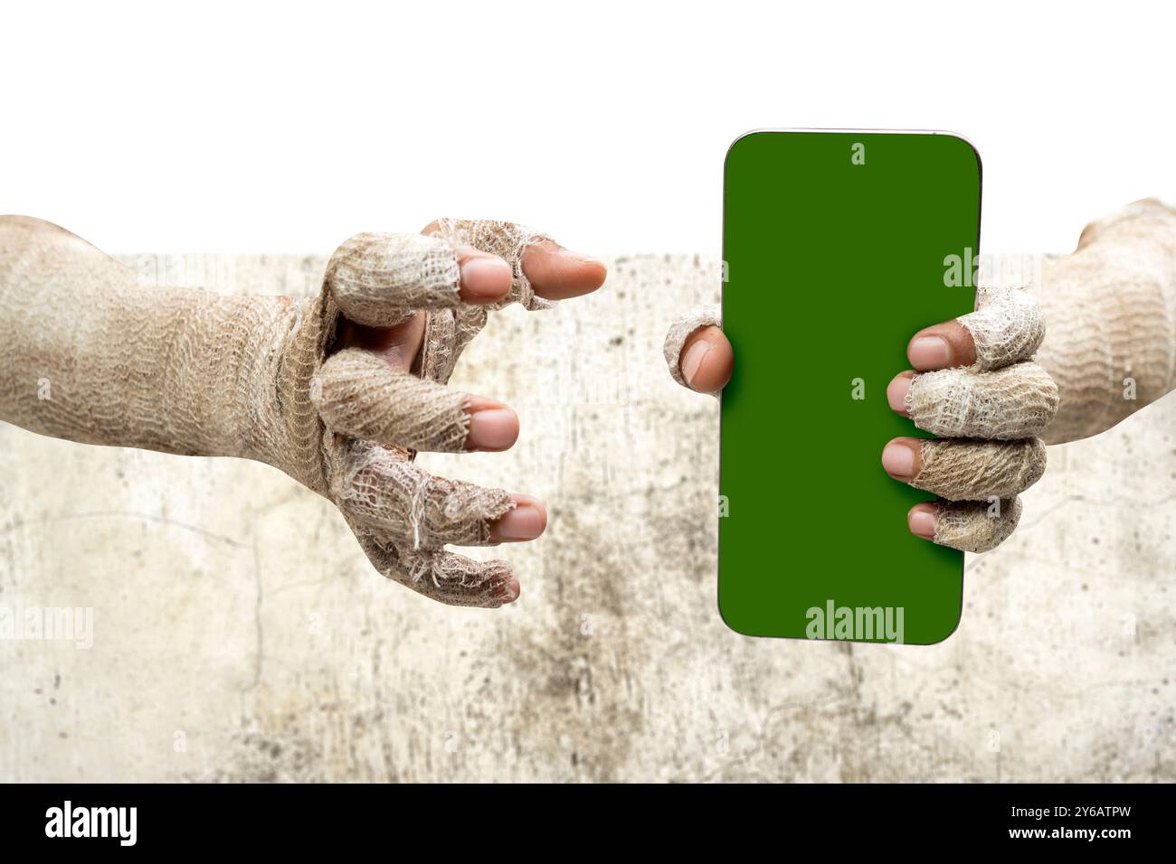 Mummy hands have dirty bandages on them. Mummy, devil, evil, satan, or ...