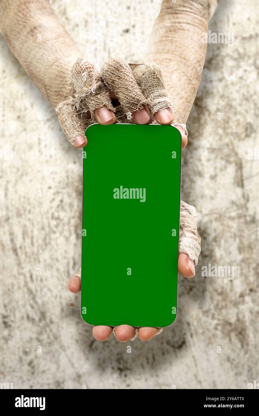 Mummy hands have dirty bandages on them. Mummy, devil, evil, satan, or ...