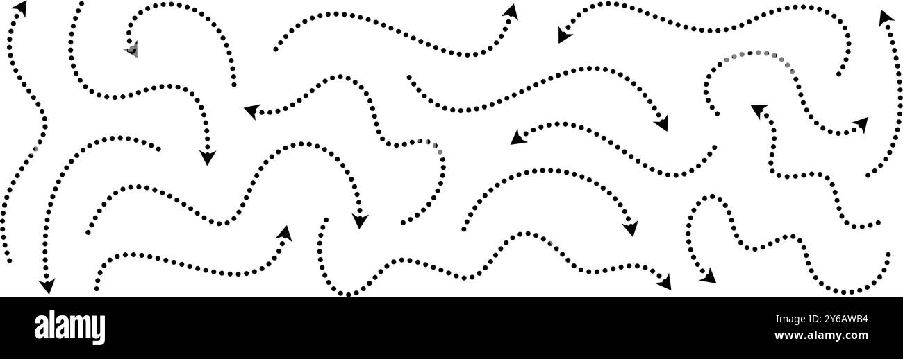 Black dotted thin arrows set. Wavy and curved dashed arrow collection ...