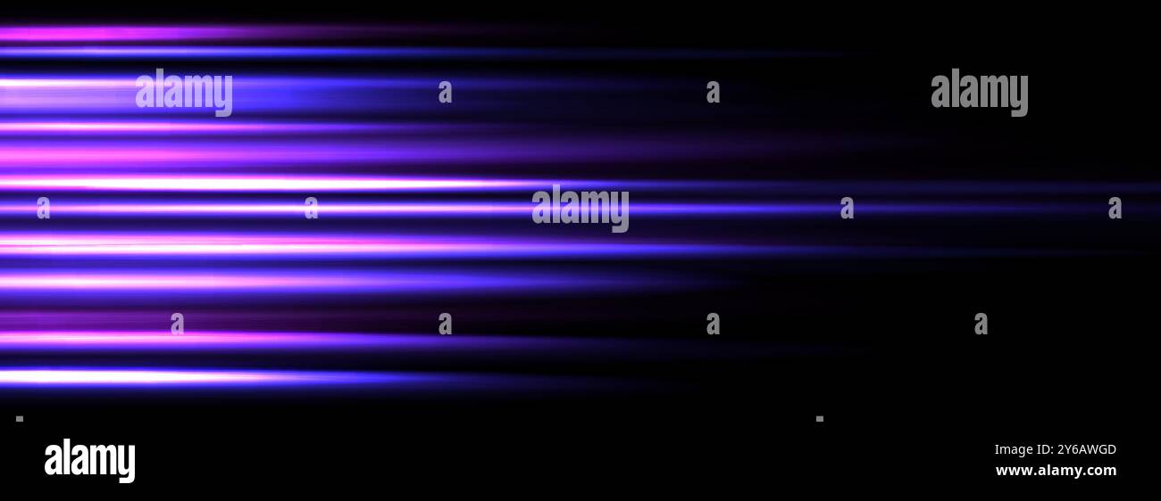 Neon glowing horizontal stripe background. Blue purple speed light ...