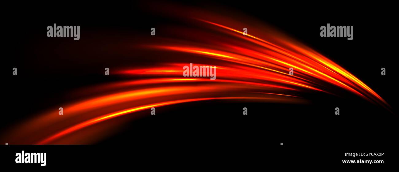 Glowing neon light trail element. Bright red orange speed line wave ...