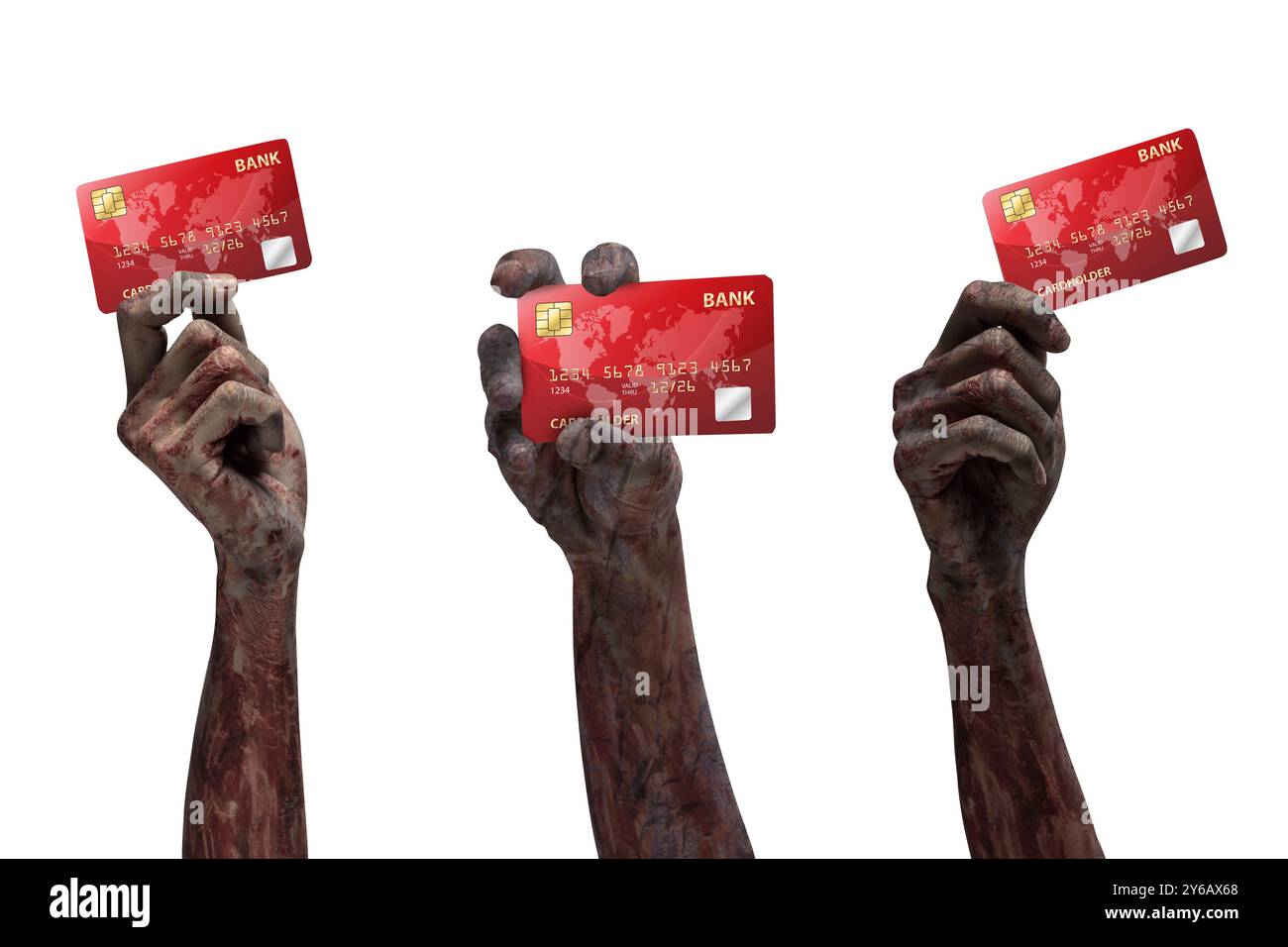 Set of zombie hands with a bloody wound holding credit card. Zombie ...