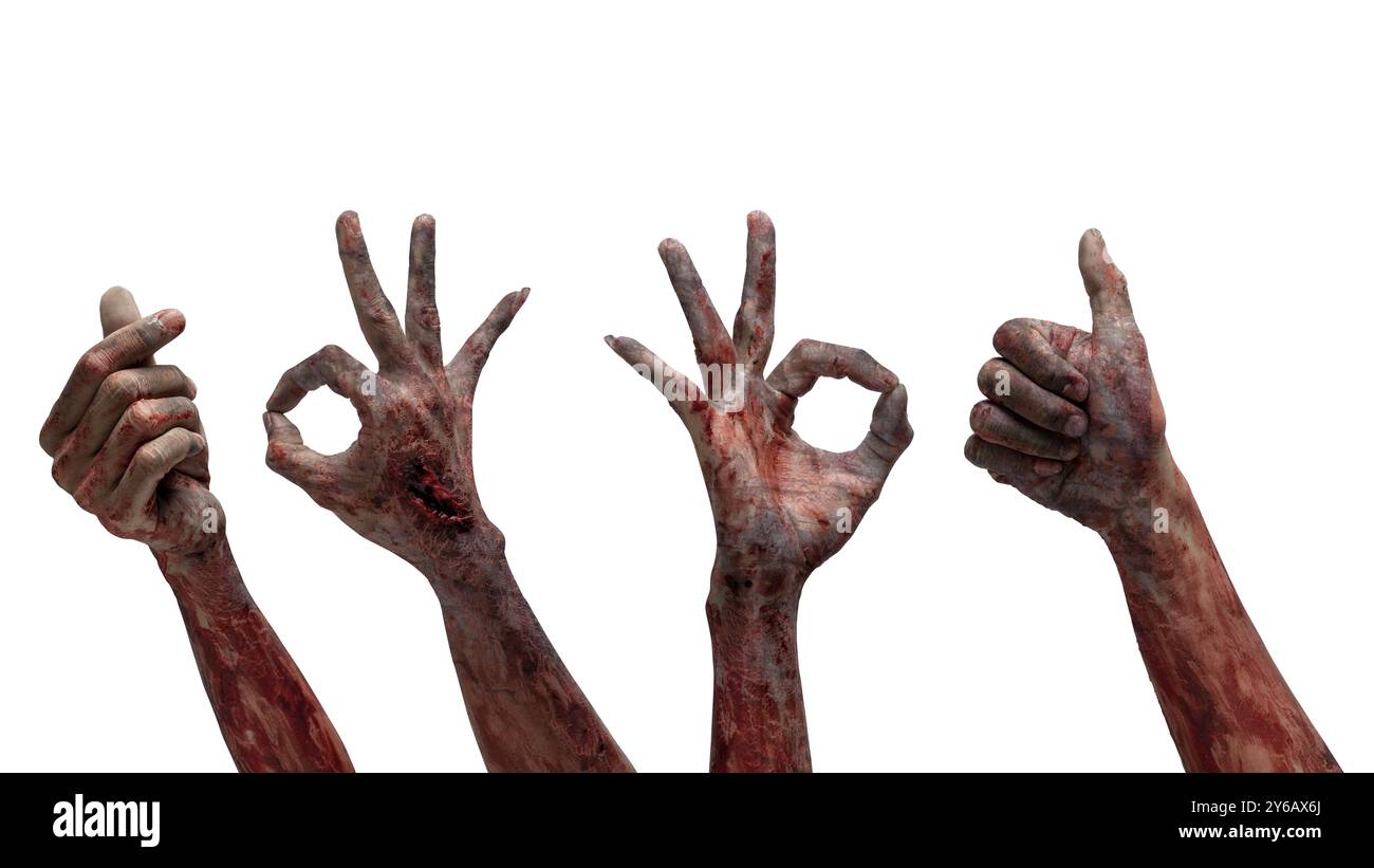 Set of zombie hands with a bloody wound in various hand gestures like ...